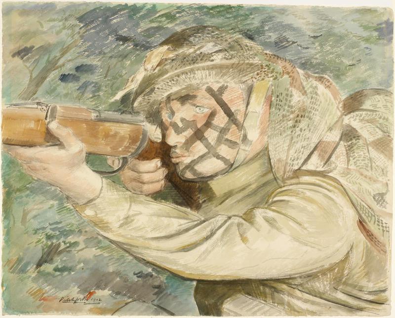 A Camouflaged sniper watching his target Llanberis, North Wales ...